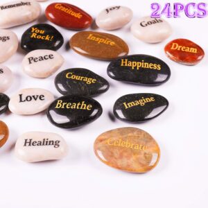 ROCKIMPACT 24pcs Inspirational Faith Stones Engraved Natural River Rocks Healing Stone Different Words (Bulk lot, Set of 24, 2”-3” Each)