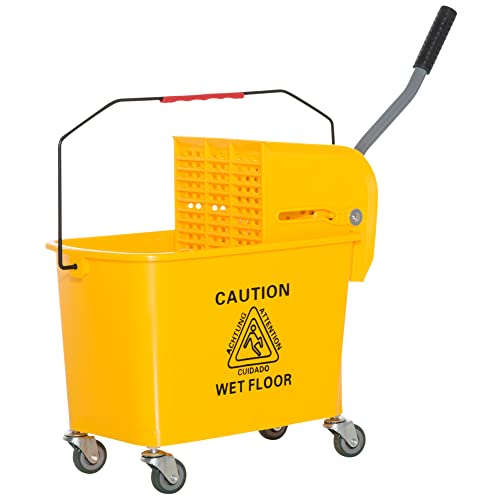 HOMCOM 5 Gallon Rolling Janitorial Cleaning Mop Bucket Commercial Restaurant with Down Press Wringer