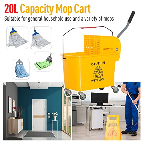 HOMCOM 5 Gallon Rolling Janitorial Cleaning Mop Bucket Commercial Restaurant with Down Press Wringer