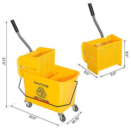 HOMCOM 5 Gallon Rolling Janitorial Cleaning Mop Bucket Commercial Restaurant with Down Press Wringer