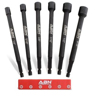 abn impact nut driver tool set - 6pc sae 6 in long shank nut driver bits magnetic tip sockets, 1/4 in hex shank