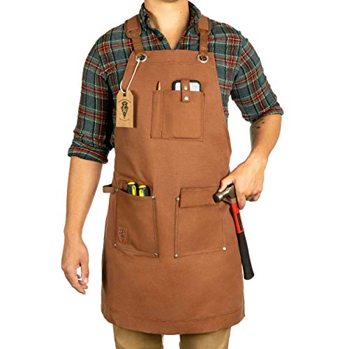 Texas Canvas Wares Waxed Canvas Heavy Duty Work Apron With Pockets - Deluxe Edition with Quick Release Buckle Adjustable up to XXL for Men and Women (Brown Deluxe Edition)