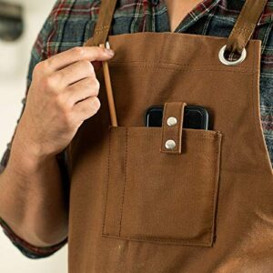 Texas Canvas Wares Waxed Canvas Heavy Duty Work Apron With Pockets - Deluxe Edition with Quick Release Buckle Adjustable up to XXL for Men and Women (Brown Deluxe Edition)