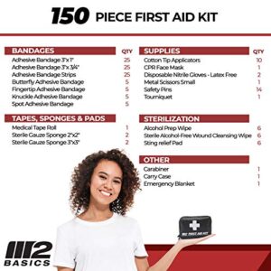 Compact 150 Piece First Aid Kit w/Carabiner, Emergency Blanket | Medical Survival Bag | Full of Supplies for Home, Office, Outdoors, Car, Camping, Travel