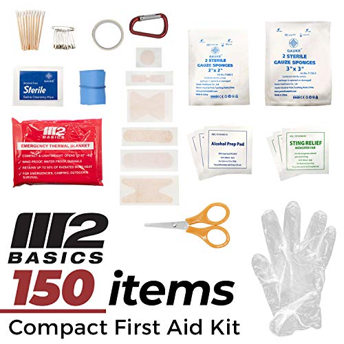 Compact 150 Piece First Aid Kit w/Carabiner, Emergency Blanket | Medical Survival Bag | Full of Supplies for Home, Office, Outdoors, Car, Camping, Travel