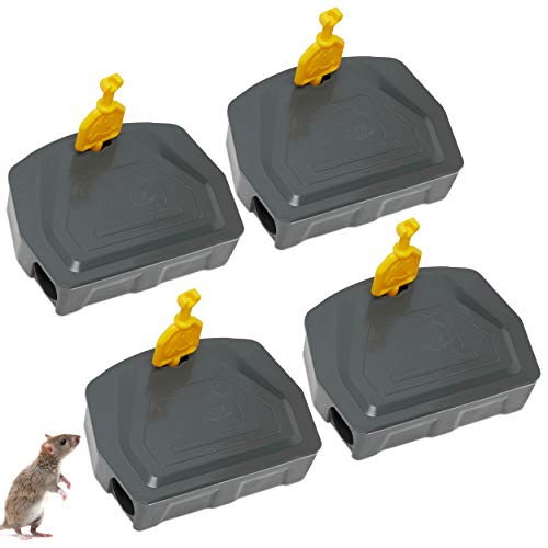 Rodent Mouse Trap Poison Mice Killer Bait Station Box with Key Refillable Indoor Outdoor Pet Safe Pack of 4