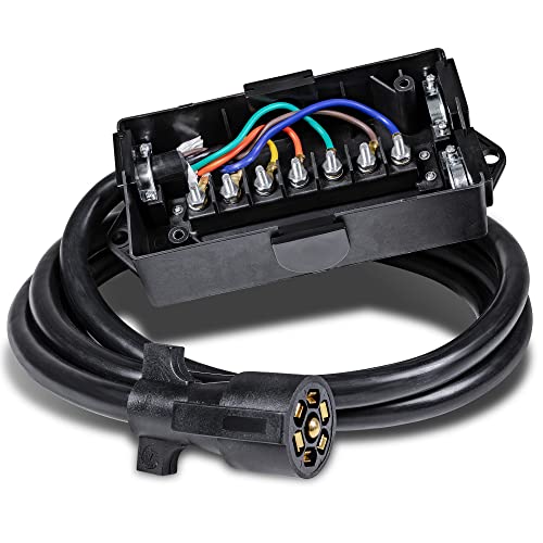 True Mods 8ft 7-Way Trailer Plug Wiring Harness w/ 7 Gang Trailer Junction Box [7-Pin Trailer Cord Wire Cable] [Waterproof] 7 Prong Trailer Wire/Cable Connection Box