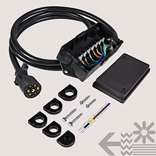 True Mods 8ft 7-Way Trailer Plug Wiring Harness w/ 7 Gang Trailer Junction Box [7-Pin Trailer Cord Wire Cable] [Waterproof] 7 Prong Trailer Wire/Cable Connection Box