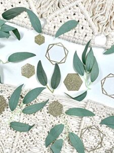 greenery baby shower decorations, bridal shower table decorations, hexagon confetti, artificial eucalyptus leaves with willow leaves confetti, handmade