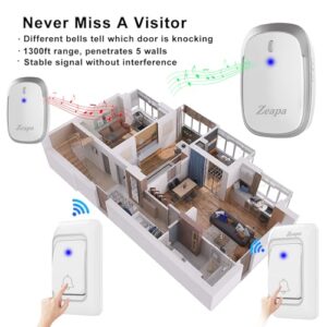 Wireless Doorbell, Differentiate Different Door, Stable Signal, 1300ft Range, 60 Ringtone, 4 Volume, Loud+Silent Mode, Bright LED Flash, 2 Receivers+2 Transmitters, Waterproof, Easy to Use, White