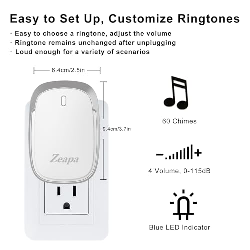 Wireless Doorbell, Differentiate Different Door, Stable Signal, 1300ft Range, 60 Ringtone, 4 Volume, Loud+Silent Mode, Bright LED Flash, 2 Receivers+2 Transmitters, Waterproof, Easy to Use, White