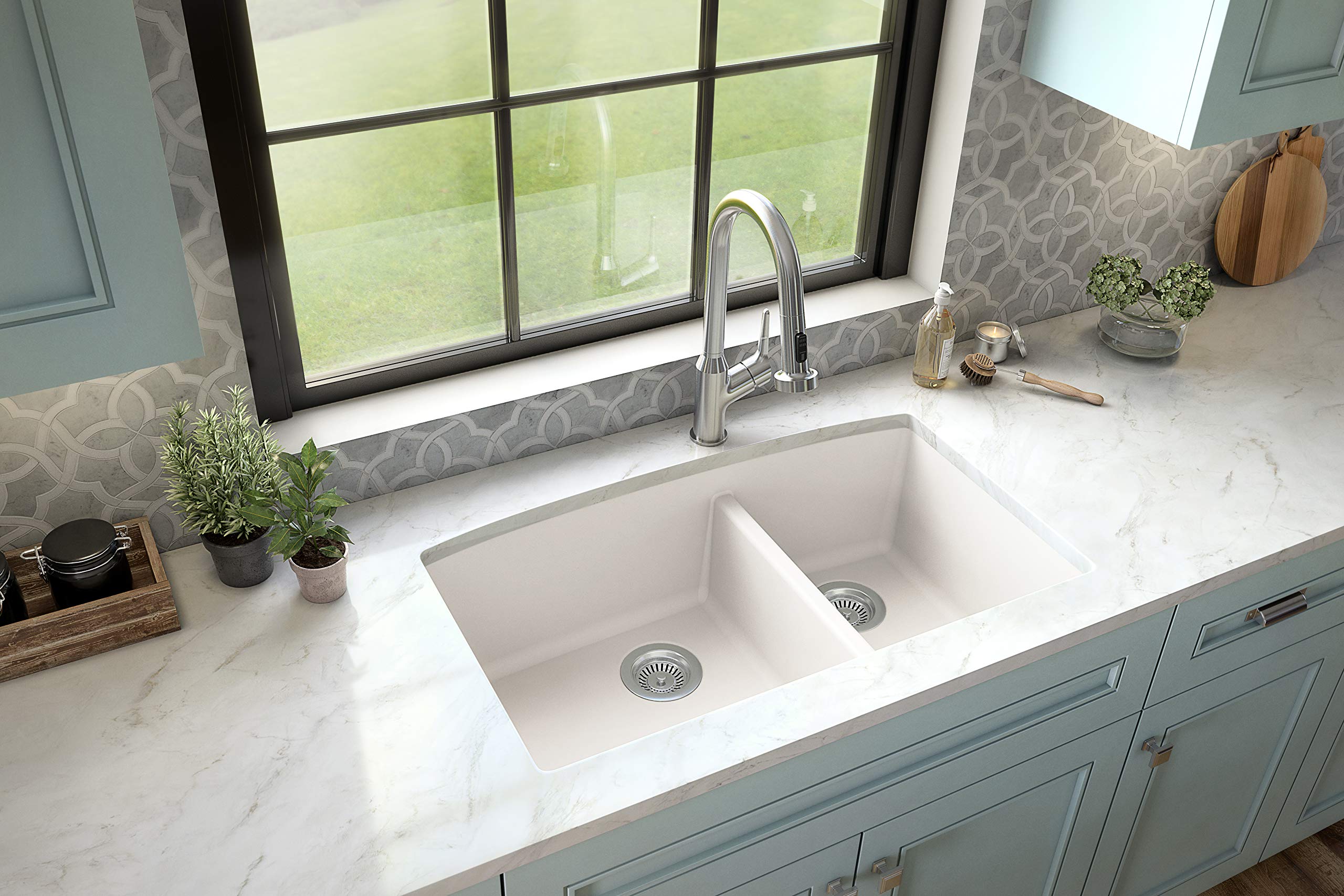 Karran QU-711 Undermount Quartz/Granite Composite Kitchen Sink 32 in. 60/40 Double Bowl in White