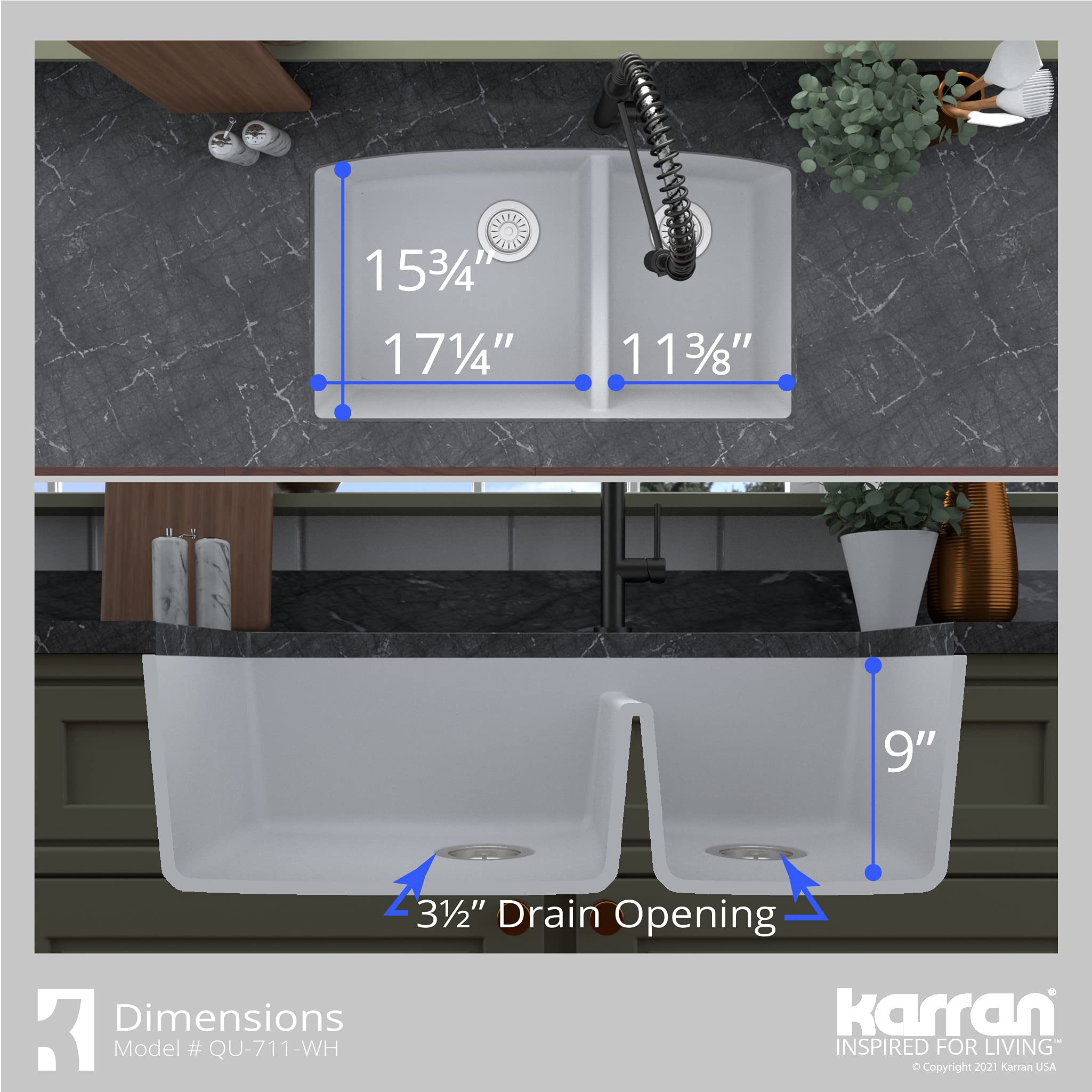 Karran QU-711 Undermount Quartz/Granite Composite Kitchen Sink 32 in. 60/40 Double Bowl in White