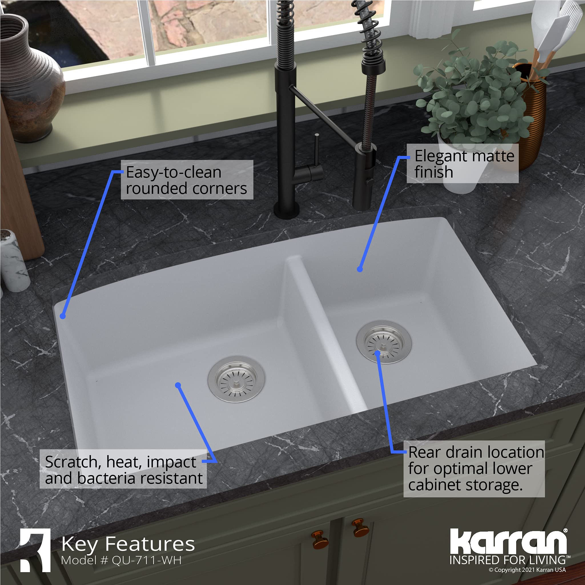 Karran QU-711 Undermount Quartz/Granite Composite Kitchen Sink 32 in. 60/40 Double Bowl in White