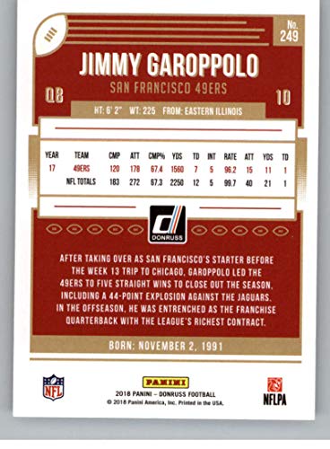 2018 Donruss Football #249 Jimmy Garoppolo San Francisco 49ers Official NFL Trading Card