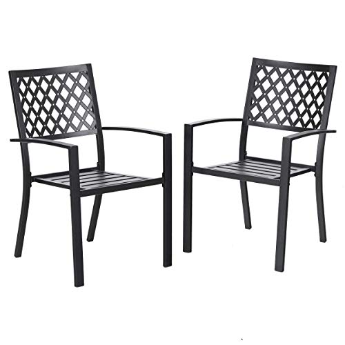 PHI VILLA Patio Dining Stackable Chairs, Outdoor Wrought Iron Furniture Set Bistro Chairs with Armrest,Black (Fishnet Pattern, 2 Set)