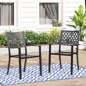 PHI VILLA Patio Dining Stackable Chairs, Outdoor Wrought Iron Furniture Set Bistro Chairs with Armrest,Black (Fishnet Pattern, 2 Set)