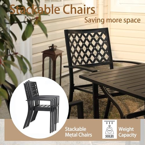 PHI VILLA Patio Dining Stackable Chairs, Outdoor Wrought Iron Furniture Set Bistro Chairs with Armrest,Black (Fishnet Pattern, 2 Set)