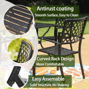 PHI VILLA Patio Dining Stackable Chairs, Outdoor Wrought Iron Furniture Set Bistro Chairs with Armrest,Black (Fishnet Pattern, 2 Set)