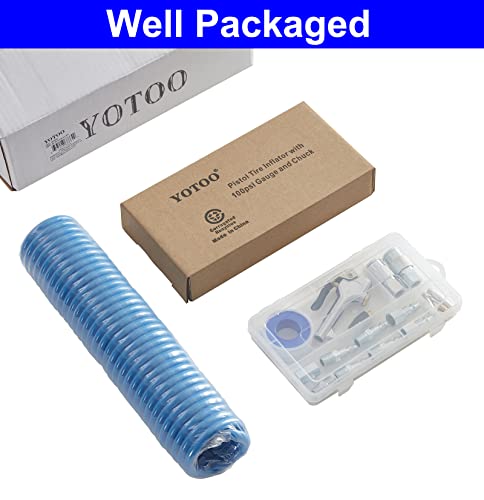 YOTOO Heavy Duty Air Compressor Accessories Kit 20 Pieces with 1/4 inch x 25 feet Polyurethane Air Compressor Hose, 100 PSI Tire Inflator Gauge, Air Blow Gun and Air Hose Fittings