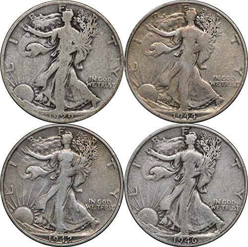 1916-1947 Walking Liberty Silver Half Dollars, 4 Coins, 2 Face Avg. Condition