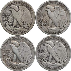 1916-1947 Walking Liberty Silver Half Dollars, 4 Coins, 2 Face Avg. Condition