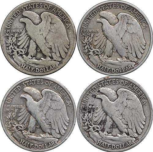 1916-1947 Walking Liberty Silver Half Dollars, 4 Coins, 2 Face Avg. Condition