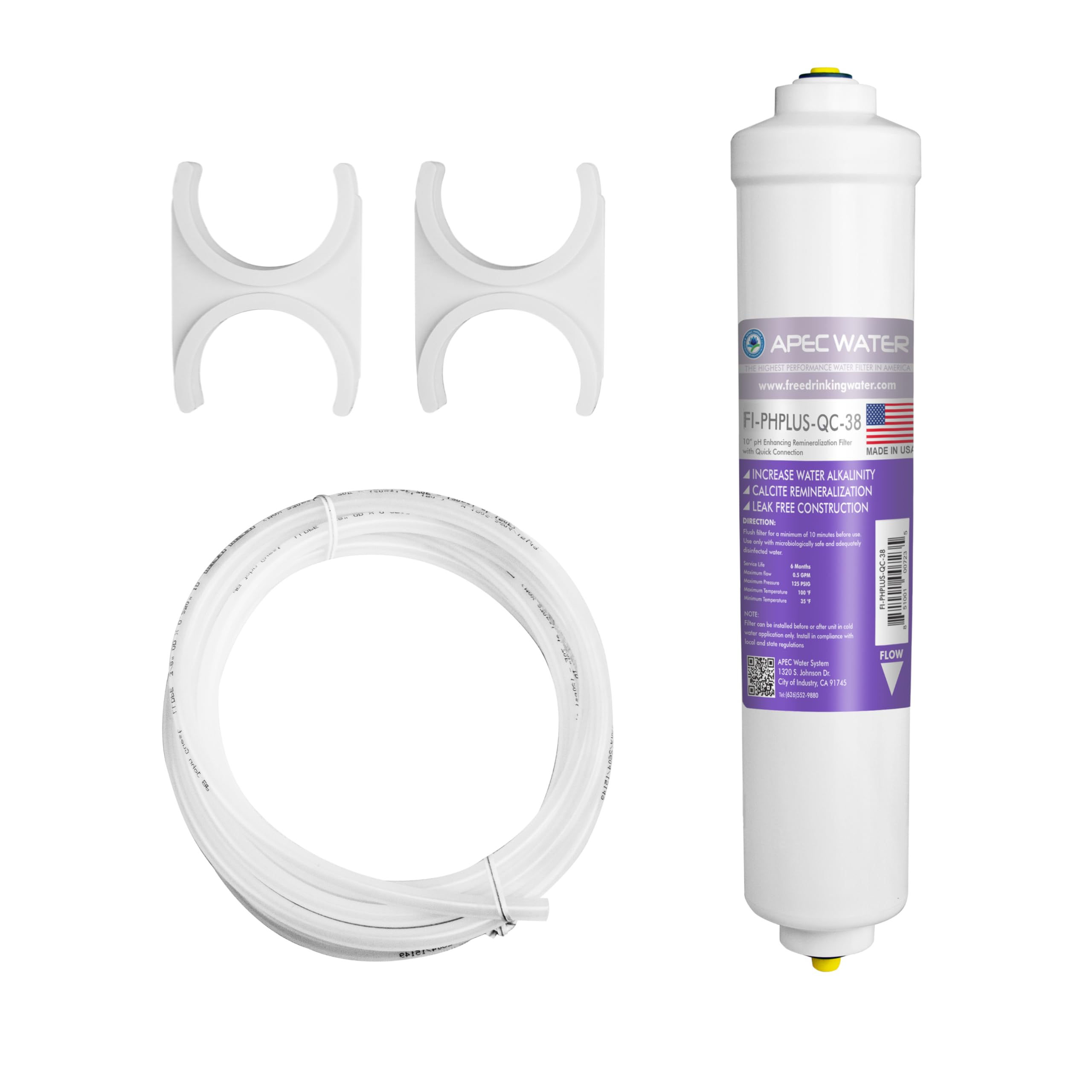 APEC Water Systems PHPLUSKIT-38 10" US MADE Alkaline High Purity pH+ Calcium Carbonate Inline Filter Kit with 3/8"D Tubing Quick Connect