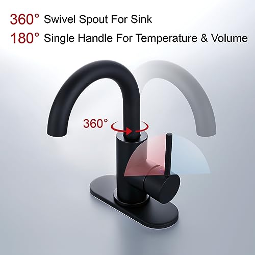 RKF Single-Handle Bathroom Sink Faucet, Swivel Spout, with Pop-up Drain with Overflow and Supply Hose,Bar Sink Faucet,Small Kitchen Faucet Tap,Matte Black,BF3501P-MB