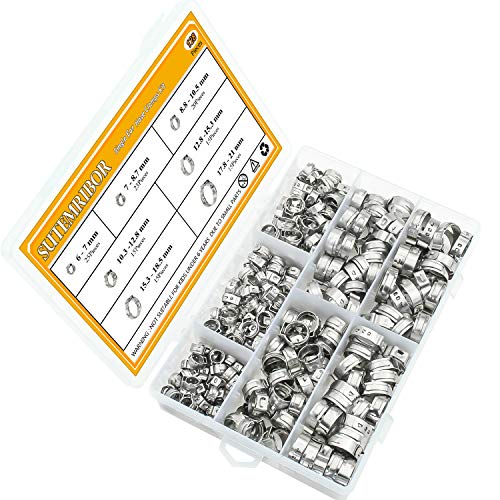 Sutemribor 304 Stainless Steel 7-21mm Single Ear Hose Clamps Assortment Kit, 128PCS