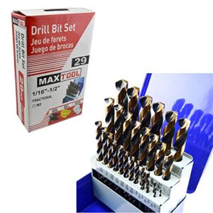 maxtool 29 pieces drill set 29pcs/29-piece twist drill bit set high speed steel m2 fully ground 1/16“ to 1/2”x64th fractional; jbs02h10r029p