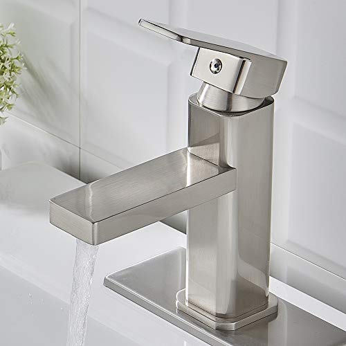 VOTON Brushed Nickel Bathroom Faucet Single Hole,Modern Square Single Handle Bathroom Sink Washbasin Vanity Sink Faucet with Deck