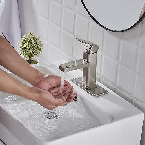 VOTON Brushed Nickel Bathroom Faucet Single Hole,Modern Square Single Handle Bathroom Sink Washbasin Vanity Sink Faucet with Deck