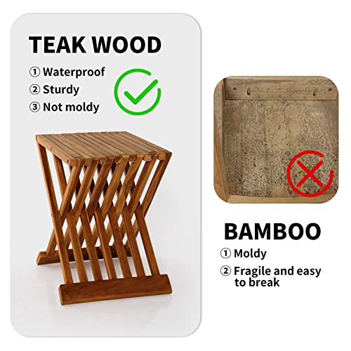 Rose Home Fashion Teak Wood Shower Stool 17" Folding Seat Fully Assembled Waterproof Bench in Bathroom Inside Corner Chair