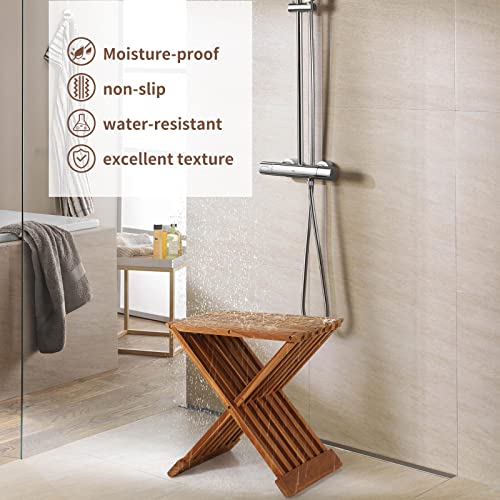 Rose Home Fashion Teak Wood Shower Stool 17" Folding Seat Fully Assembled Waterproof Bench in Bathroom Inside Corner Chair