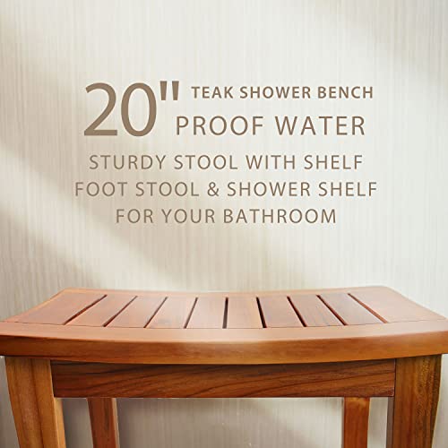 Rose Home Fashion Teak Shower Bench, Teak Shower Stool with Storage Shelf, 20" Waterproof Shower Chair for Bathroom, Portable Wooden Spa Bath Seat, Indoor and Outdoor Use, Shower Bench for Elderly