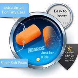 HEAROS Just for Kids Ear Plugs NRR 28 Foam EarPlugs, Extra Small Corded Hearing Protection with Storage Case (3 Pairs)