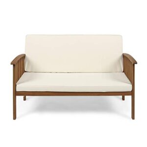 christopher knight home grace outdoor acacia wood loveseat, brown patina finish and cream