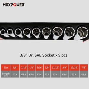 MAXPOWER 3/8-Inch Drive Deep Socket Set, SAE/Inch, 9 Pieces, 6 Point Socket Set, 3/8", 7/16", 1/2", 9/16", 5/8", 11/16", 3/4", 13/16", 7/8"