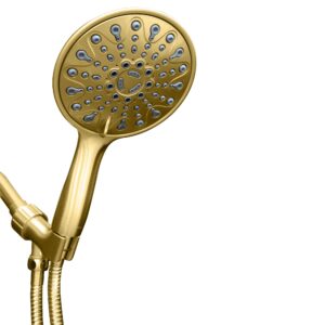 showermaxx, elite: imperialshine gold finish hand held rain shower head, large 6 inch 6 spray settings handheld rainfall showerhead with long stainless steel hose, (polished brass/imperialshine gold)