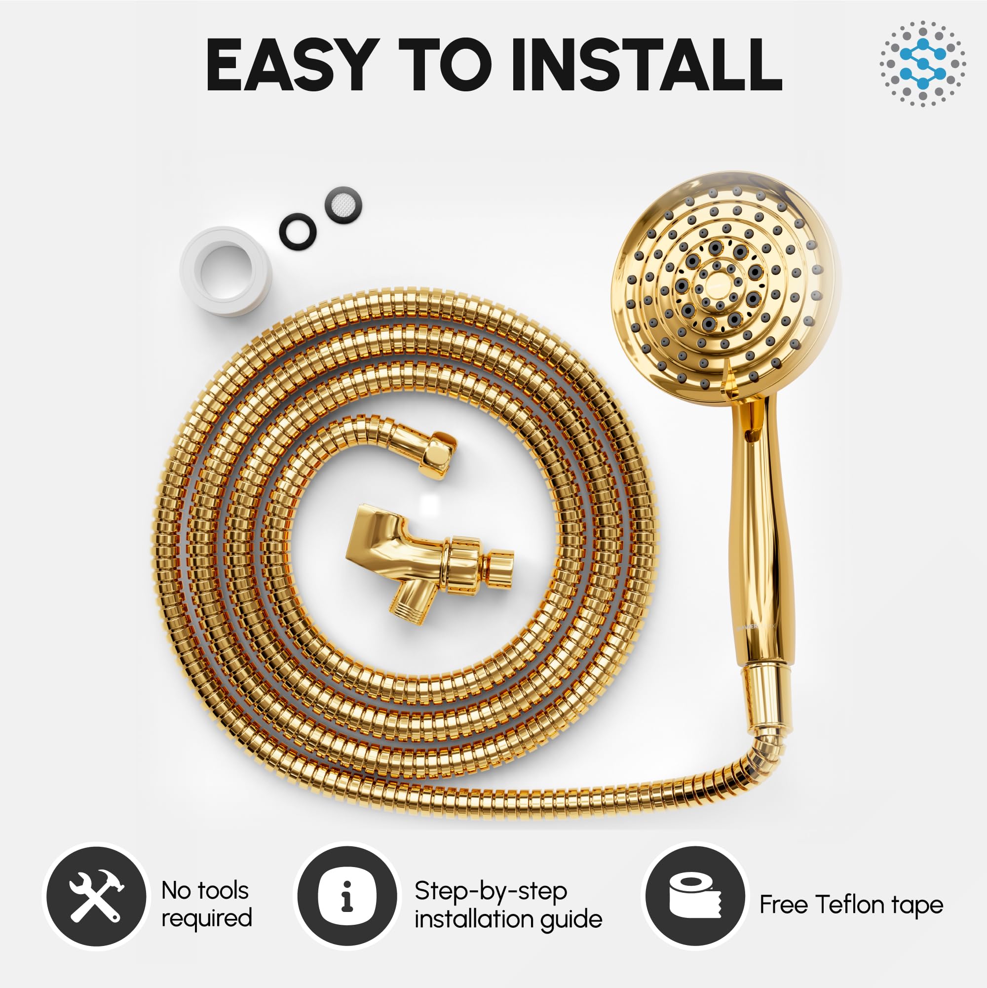 ShowerMaxx, Luxury Spa: ImperialShine Gold Hand Held Shower Head, 5 inch 6 Spray Settings Handheld Showerhead with Extra-Long Hose, Experience Comfort and Elegance (Polished Brass/ImperialShine Gold)