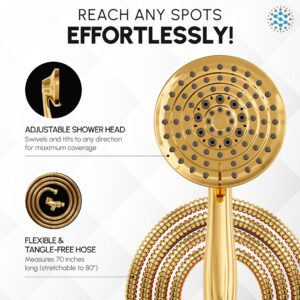 ShowerMaxx, Luxury Spa: ImperialShine Gold Hand Held Shower Head, 5 inch 6 Spray Settings Handheld Showerhead with Extra-Long Hose, Experience Comfort and Elegance (Polished Brass/ImperialShine Gold)