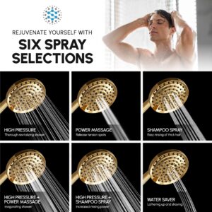 ShowerMaxx, Luxury Spa: ImperialShine Gold Hand Held Shower Head, 5 inch 6 Spray Settings Handheld Showerhead with Extra-Long Hose, Experience Comfort and Elegance (Polished Brass/ImperialShine Gold)