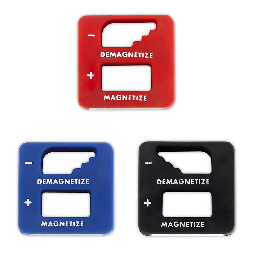 Katzco Precision Demagnetizer-Magnetizer - Pack of 3 Colors - Black, Red, Blue - for Screwdrivers, Small Tools, Small, Big Screws, Drills, Drill Bits, Sockets, Nuts, Bolts, Nails, Construction Tools