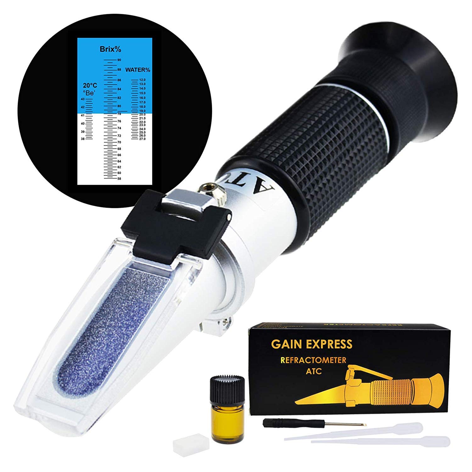 3-in-1 Honey Refractometer Brix/Moisture/Baume Tester Meter ATC, Tri-Scale 58-90%/12-27%/38-43Be', Sugar Water Content Level Beekeeping Maple Syrup, Test Kit w/Calibration Oil & Block