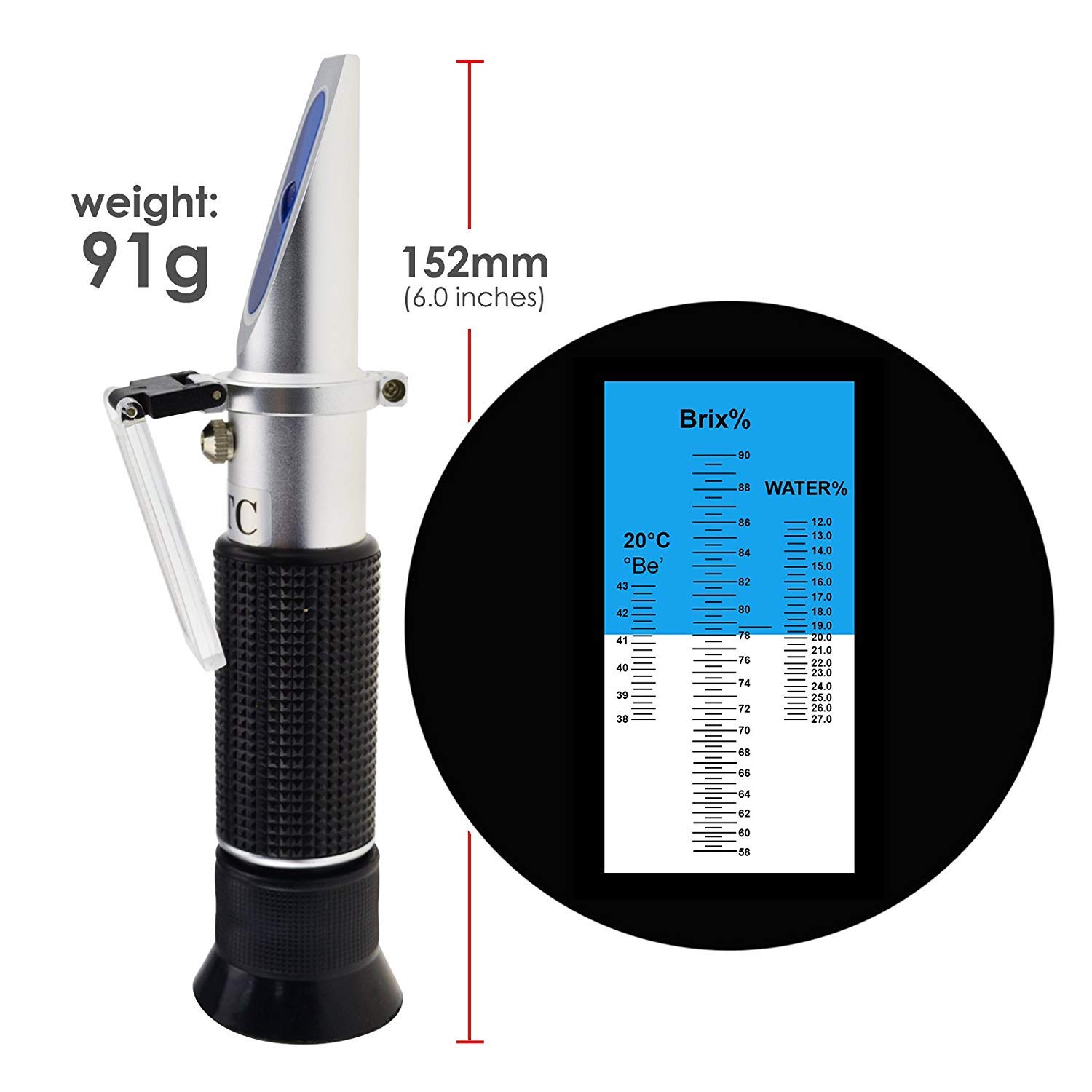 3-in-1 Honey Refractometer Brix/Moisture/Baume Tester Meter ATC, Tri-Scale 58-90%/12-27%/38-43Be', Sugar Water Content Level Beekeeping Maple Syrup, Test Kit w/Calibration Oil & Block