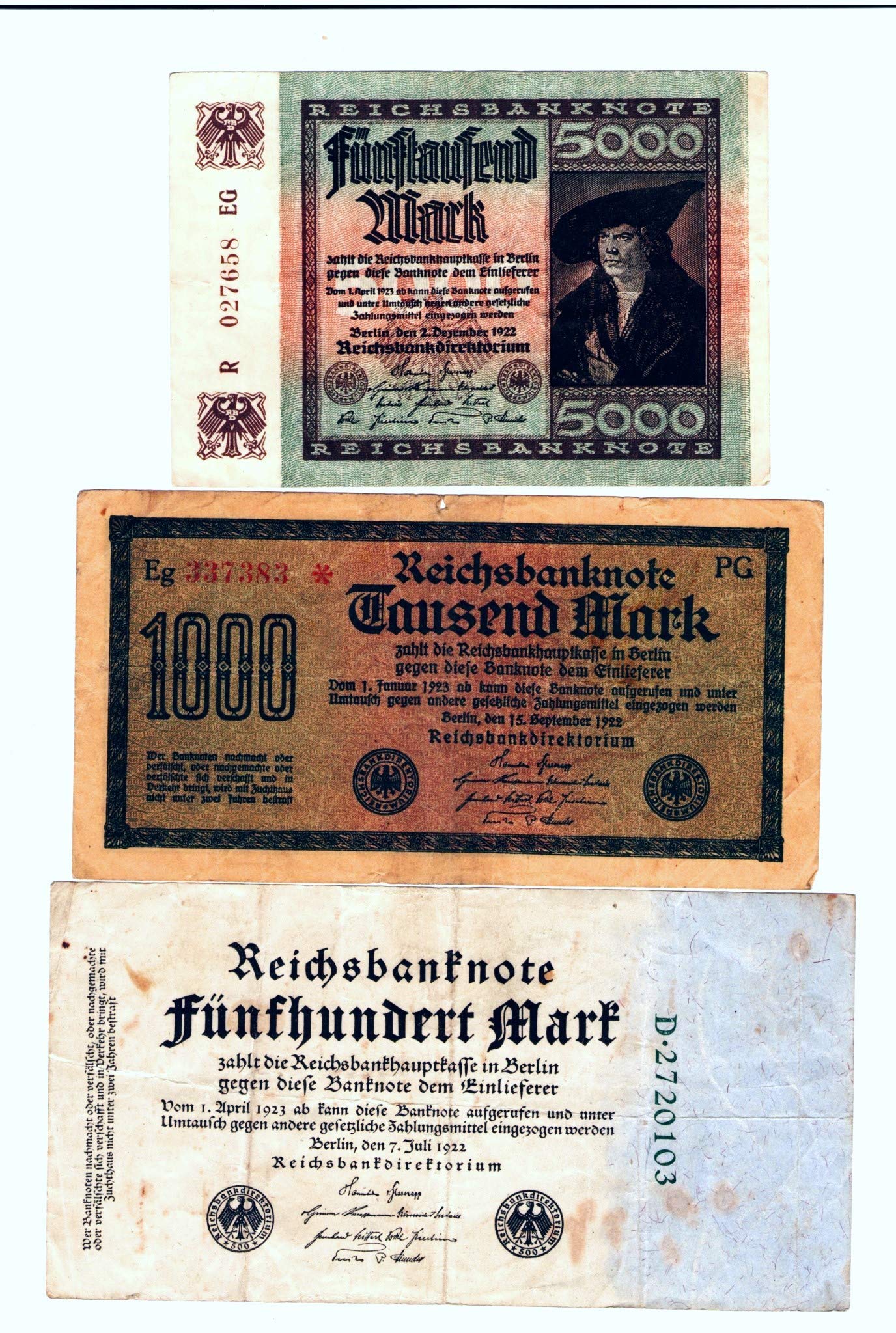 Germany Weimar Republic Set fo 20.000 10.000 5.000 1.000 and 500 Mark Banknotes (Build Your Own Collection)