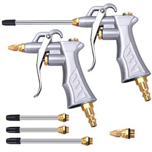 industrial air blow gun with brass adjustable air flow nozzle and 2 steel air flow extension, pneumatic air compressor accessory tool dust cleaning air blower gun-2 pack