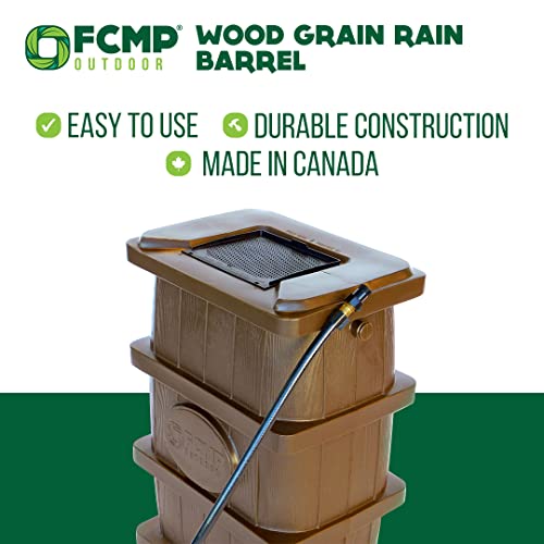 FCMP Outdoor Wood Grain 45-Gallon Rain Barrel - Water Rain Catcher Barrel with Flat Back for Watering Outdoor Plants, Gardens, and Landscapes, Brown