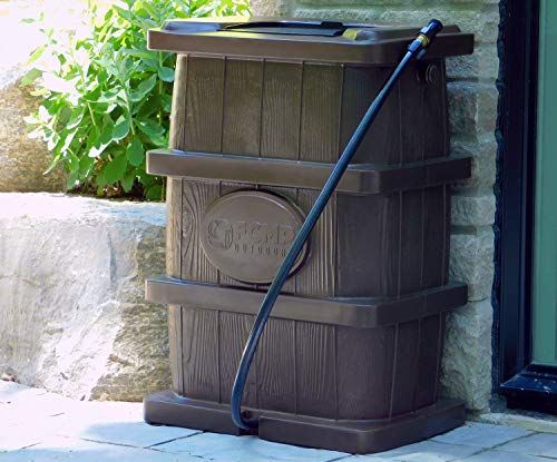 FCMP Outdoor Wood Grain 45-Gallon Rain Barrel - Water Rain Catcher Barrel with Flat Back for Watering Outdoor Plants, Gardens, and Landscapes, Brown